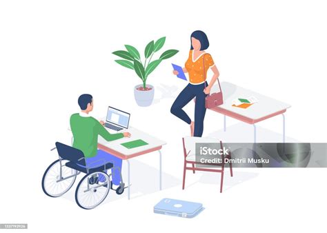 개별 수업에서 장애가 있는 학생 휠체어를 탄 남자가 노트북을 들고 책상에 앉아 있다 노트북에 대한 스톡 벡터 아트 및 기타
