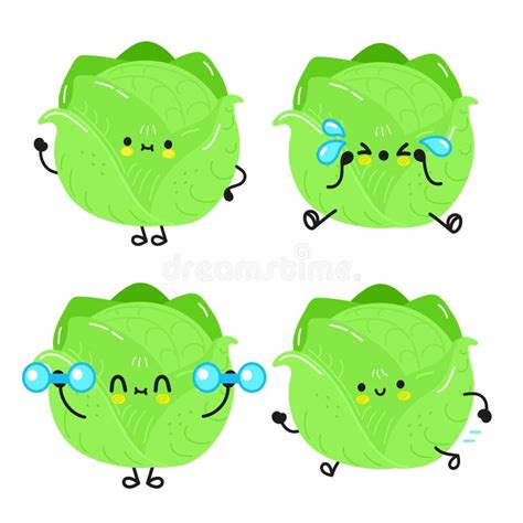 Funny Cute Happy Cabbage Characters Bundle Set Stock Vector