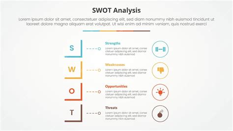 Swot 비즈니스 프레임워크 전략 템플릿 인포그래픽 슬라이드 프레젠테이션 개념 수정된 사각형 모양 수직 스택 4 포인트 목록 평평한 스타일 터 무료 벡터
