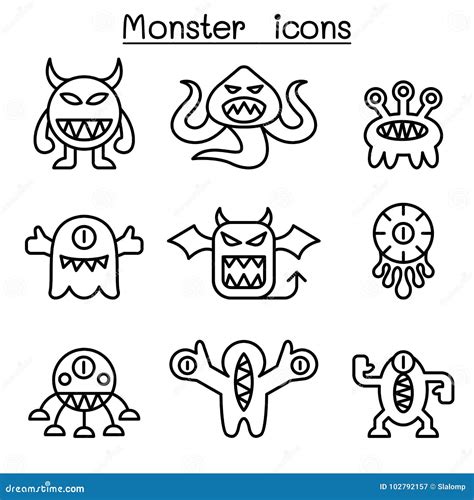 Monster Icon Set In Thin Line Style Stock Vector Illustration Of