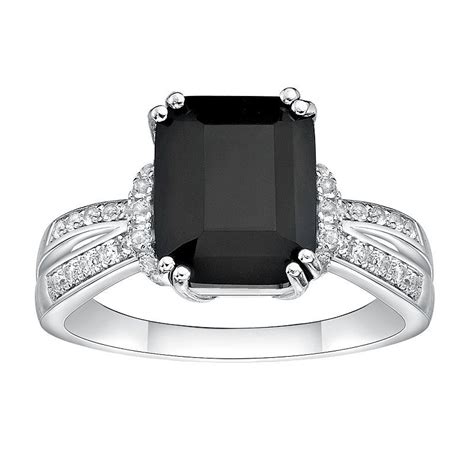 Gemminded Sterling Silver Emerald Cut Onyx And White Topaz Ring White