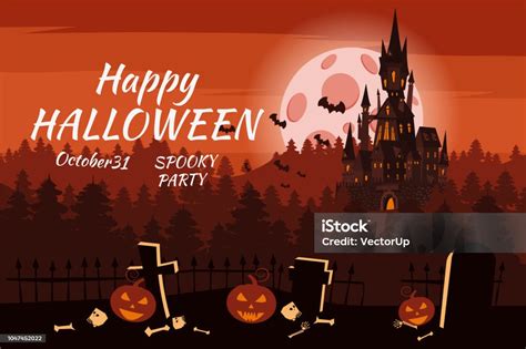 묘지에서 해피 할로윈 호박 블랙 버려진 성 우울한가 숲 파노라마 보름달 어두운 밤 십자가 그리고 묘비 박쥐 벡터 절연 휴일 인사말 카드 포스터 배너 만화 스타일 10월에