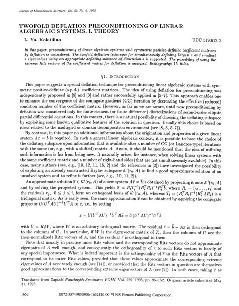Pdf Twofold Deflation Preconditioning Of Linear Algebraic Systems I Theory