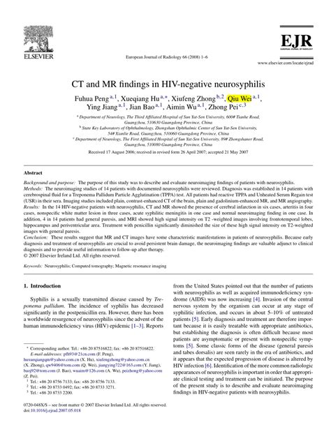 Pdf Ct And Mr Findings In Hiv Negative Neurosyphilis