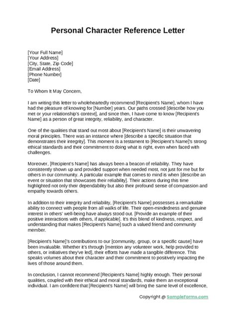 Example And Template For Personal Or Character Reference Letter