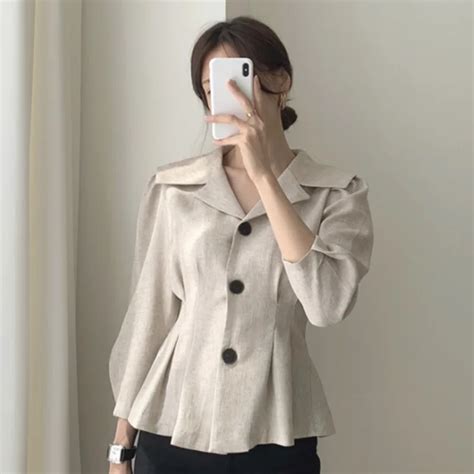 세련된 한국 스타일 복고풍 우아한 싱글 브레스트 정장 칼라 허리 포옹 리넨 셔츠 여성용 프랑스 스타일 우아한 가을