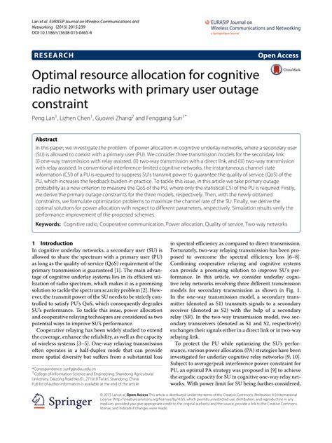 Pdf Optimal Resource Allocation For Cognitive Radio Networks With Primary User Outage Constraint