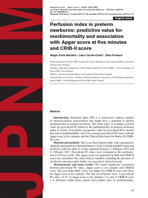 Perfusion Index In Preterm Newborns Predictive Value For Morbimortality And Association With