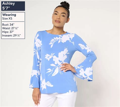 Dennis Basso Printed Caviar Crepe Top With Bell Sleeve