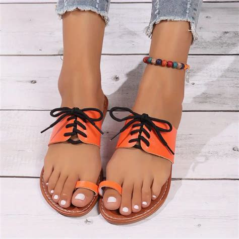 Womens Toe Loop Flat Slides Fashionable Open Round Toe Lace Temu United Kingdom