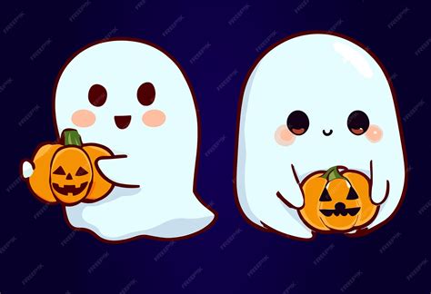 A Cute Ghost Holding A Pumpkin Premium Vector