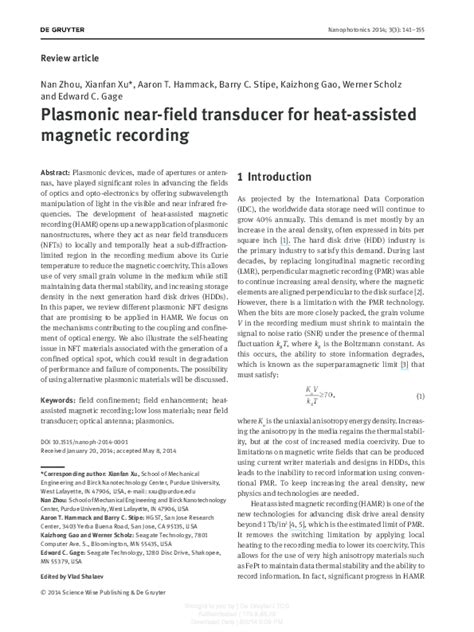 Pdf Plasmonic Near Field Transducer For Heat Assisted Magnetic Recording