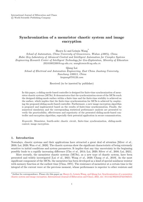 Pdf Synchronization Of A Memristor Chaotic System And Image Encryption