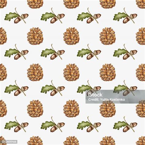 텍스타일과 패키징 디자인을 위한 도토리와 솔방울이 특징인 생생한 가을 수채화 패턴 10월에 대한 스톡 벡터 아트 및 기타 이미지 10월 11월 9월 Istock