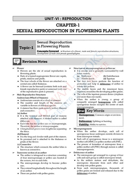 CBSE 12 Biology Revision Notes UNIT VI REPRODUCTION CHAPTER SEXUAL REPRODUCTION IN