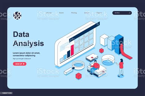 랜딩 페이지 템플릿을 위한 3d 등각 투영 디자인의 데이터 분석 개념입니다 사람들은 그래프와 차트를 분석하고 비즈니스 보고서를 작성하고 재무 다이어그램으로 작업합니다 웹용