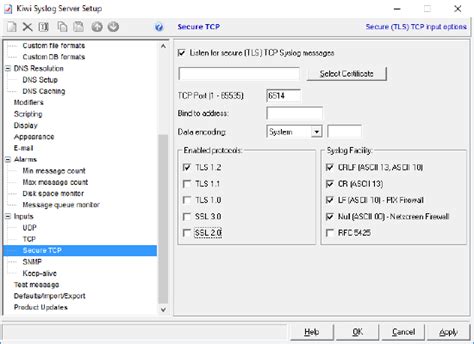 enable tls 1 2 in kiwi syslog server 9 6 5