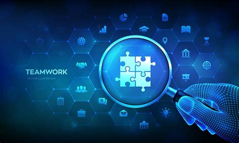 팀워크 비즈니스 파트너십 퍼즐 팀 요소 아이콘입니다 글로벌 협력 통신 네트워크 비즈니스 기술 개념은 와이어프레임 손과 아이콘에 돋보기가 있다 벡터 그림입니다 계약서에 대한