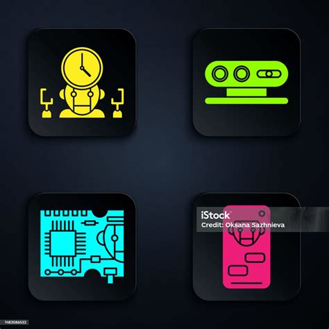 봇 로봇 및 디지털 시간 관리자 인쇄 회로 기판 Pcb 및 3d 스캐닝 시스템을 설정합니다 검은색 사각형 버튼입니다 벡터 0명에 대한 스톡 벡터 아트 및 기타 이미지