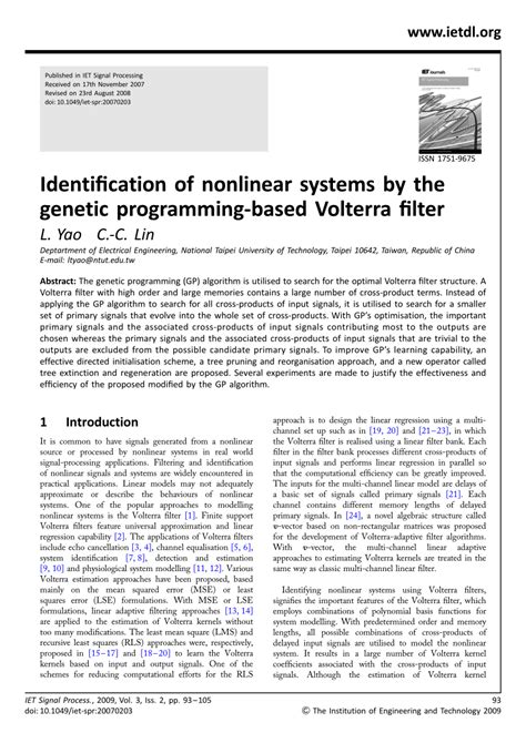 Pdf Identification Of Nonlinear Systems By The Genetic Programming Based Volterra Filter