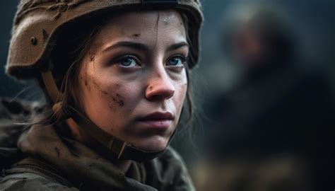 Молодая взрослая женщина в армейском шлеме на открытом воздухе сгенерированная ии Бесплатно Фото