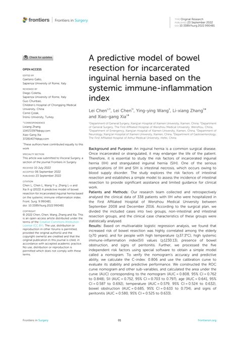 Pdf A Predictive Model Of Bowel Resection For Incarcerated Inguinal Hernia Based On The