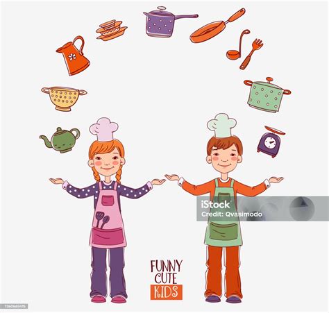 흰색 배경에 요리사 유니폼을 입고 귀엽고 웃는 소녀와 소년 주방 용품 세트로 요리하는 키즈 소녀에 대한 스톡 벡터 아트 및 기타
