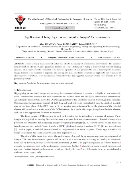 Pdf Application Of Fuzzy Logic On Astronomical Images Focus Measures