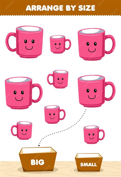 아이들을 위한 교육 게임은 크거나 작은 크기로 정렬하여 귀여운 만화 머그 그림 인쇄용 도구 워크시트 상자에 넣습니다 프리미엄 벡터