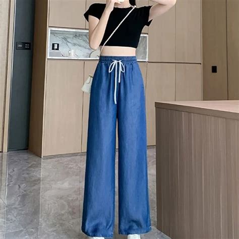 여성 와이드 데님 팬츠 하이웨스트 밴딩 루즈핏 청바지 여름 데일리룩