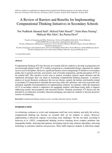 Pdf A Review Of Barriers And Benefits For Implementing Computational Thinking Initiatives In