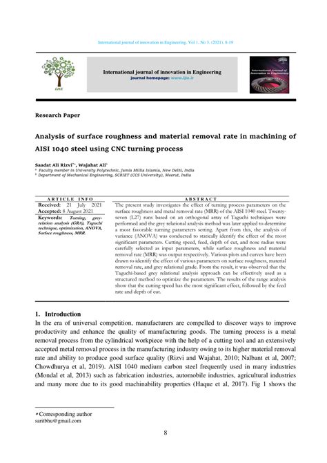 Pdf Analysis Of Surface Roughness And Material Removal Rate In Machining Of Aisi 1040 Steel
