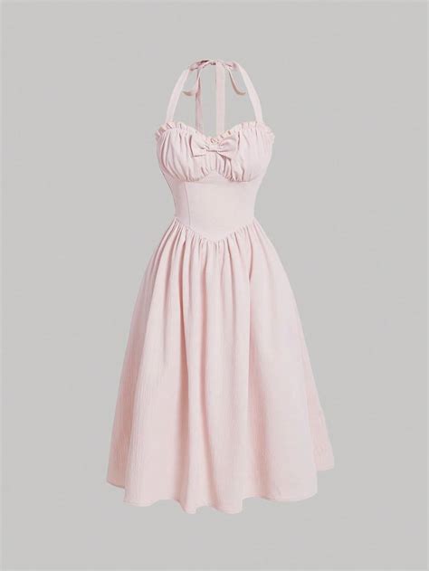 Plus Size Summer Sweet Light Pink Pleated Bust Bow Decorated Waist Belt