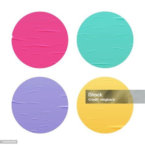 흰색 배경에 격리 된 접착 색상 둥근 스티커 벡터 사실적으로 구겨진 포스터 번들 젖은 기름을 바른 주름 빈 템플릿 텍스처