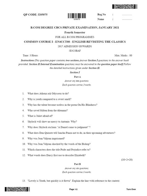 Bcom 4 Sem English Revisiting The Classics E 05075 Jan 2021 Pdf