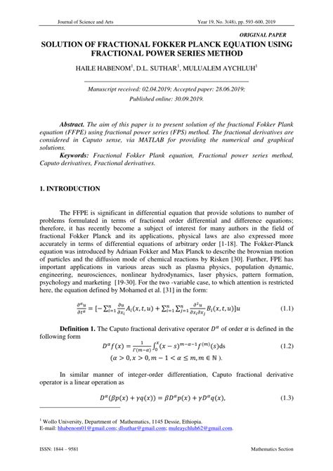 Pdf Solution Of Fractional Fokker Planck Equation Using Fractional Power Series Method