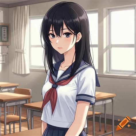 Anime Girl With Black Hair And Purple Eyes Wearing A White Dress