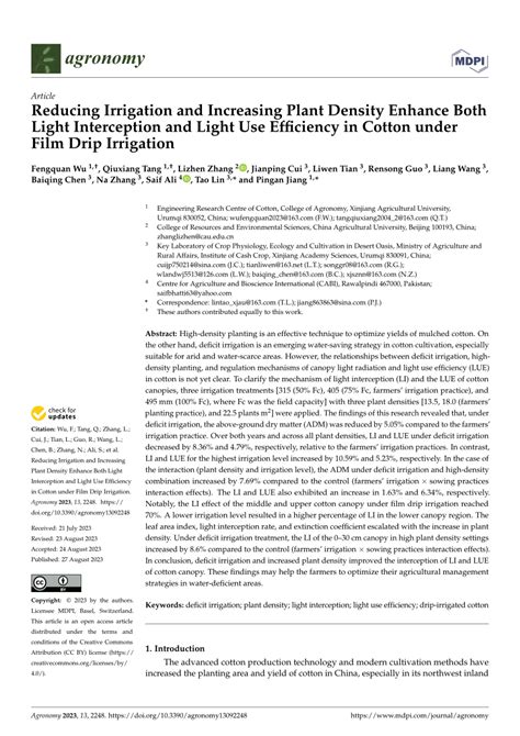 PDF Reducing Irrigation And Increasing Plant Density Enhance Both