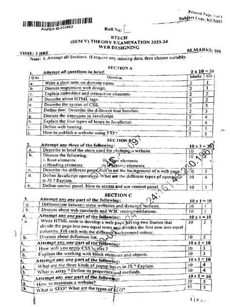 Btech Cs 5 Sem Web Designing Kcs052 Jan 2024 Pdf
