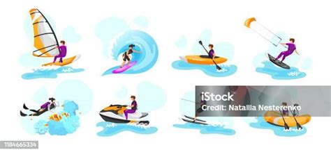 익스트림 워터 스포츠 플랫 벡터 일러스트 세트 서핑 카누 카약 스쿠버 다이빙 수상 스키 스포츠맨 카이트 서핑 선수 보트에 커플 스포츠 사람들 고립 만화 캐릭터 서핑 수상