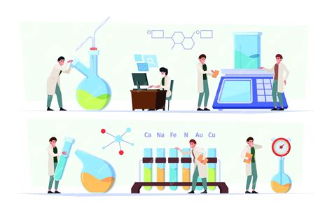 의료 실험실 과학자의 화학자 교수 생물학 연구 프로세스는 화려한 벡터 플랫 배경을 경험합니다 프리미엄 벡터