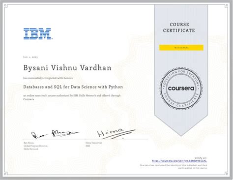 Sql Python Datascience Ibm Coursera Certification Techskills Vishnu Vardhan Bysani