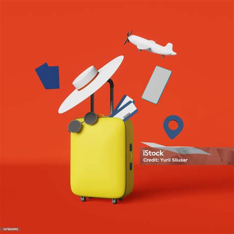 노란색 여행 가방 비행기 티켓 지도 여권 3d 렌더링 빨간색 배경 배너 현대 창조적 인 여행 판매 광고 0명에 대한 스톡 사진 및 기타 이미지 Istock