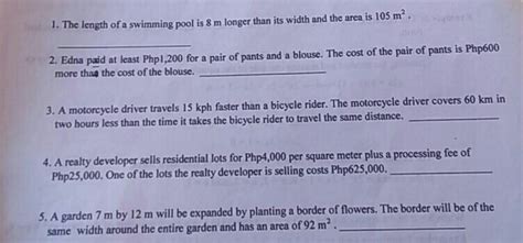 Solved 1 The Length Of A Swimming Pool Is 8 M Longer Than Its Width