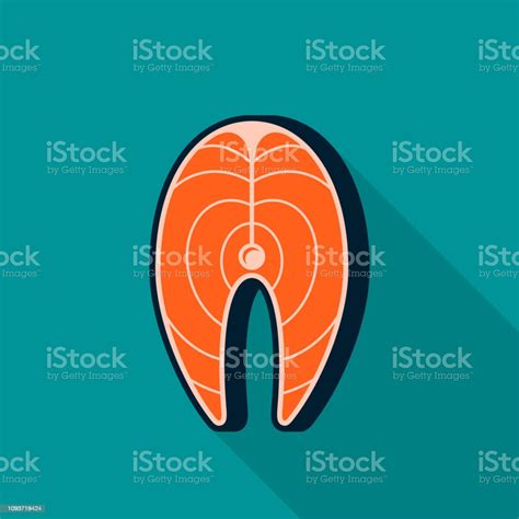 연어 스테이크는 긴 그림자와 평면 스타일에서 아이콘 조각 또는 붉은 생선의 섹션입니다 녹색 배경에 고립 된 벡터 컬러 일러스트