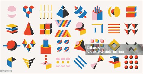 추상적이고 기하학적이며 대담하고 바우하우스에서 영감을 받은 패턴으로 체적 도형이 특징입니다 동적 모양과 선 벡터 3차원 형태에 대한 스톡 벡터 아트 및 기타 이미지 Istock