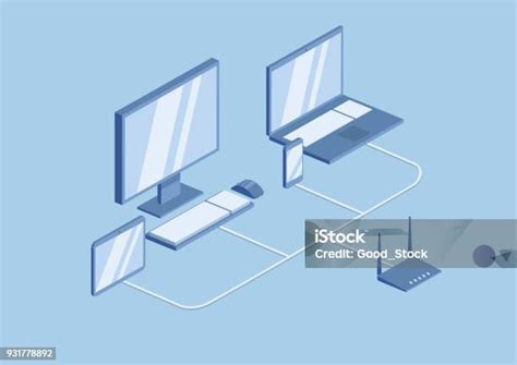 Wifi 라우터 기술 로컬 네트워크입니다 데스크톱 노트북 및 모바일 가제트는 라우터를 사용 하 여 네트워크에 연결 됩니다 아이소메트릭 벡터 일러스트 파랑에 격리입니다