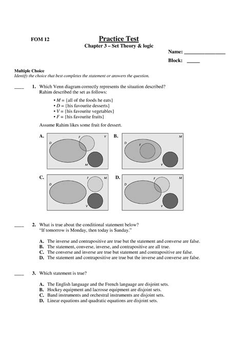 Logic Sets Practice Test Fom 12 Practice Test Chapter 3 Set Theory