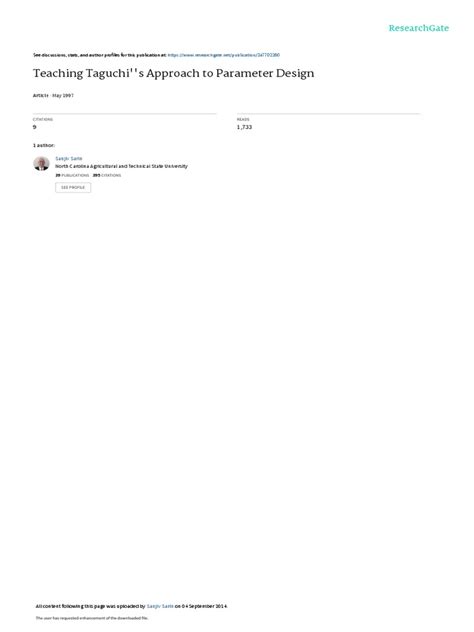 Teaching Taguchis Approach To Parameter Design Unlocked Pdf