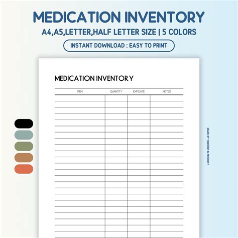 Medication Inventory Medication Log Inventory List A4 A5 Letter Half Letter Size